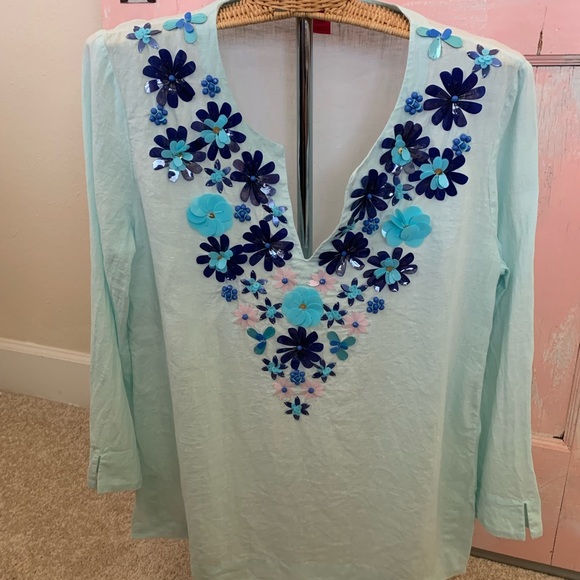 Lilly Pulitzer | Tops | Lilly Pulitzer Light Blue Linen Top With Sequin ...